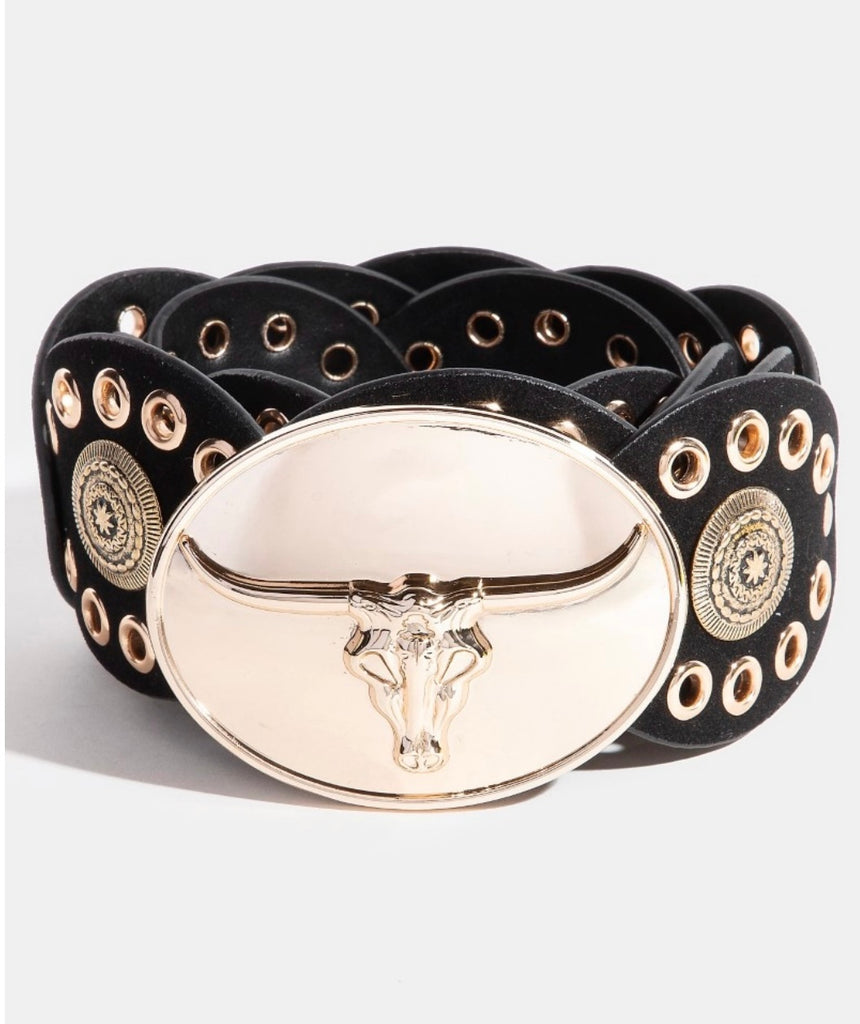 Rodeo Black & Gold Concho Western Belt w/Longhorn Oval Buckle ...